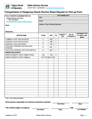 Fillable Online Transportation of Dangerous Goods Routine Waste Request for Pick-up Form ...