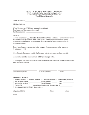 Fillable Online Surrender Shares Form - South Boise Water Fax Email ...