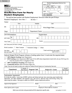 Fillable Online bgsu HireRe-Hire bFormb for Hourly Student Employees F ...