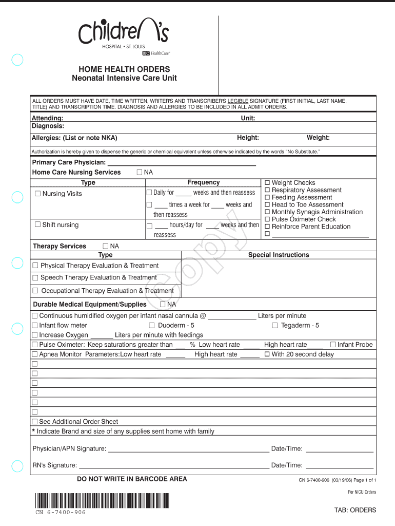 Fillable Online slchcpoe HOME HEALTH ORDERS Neonatal Intensive Care ...