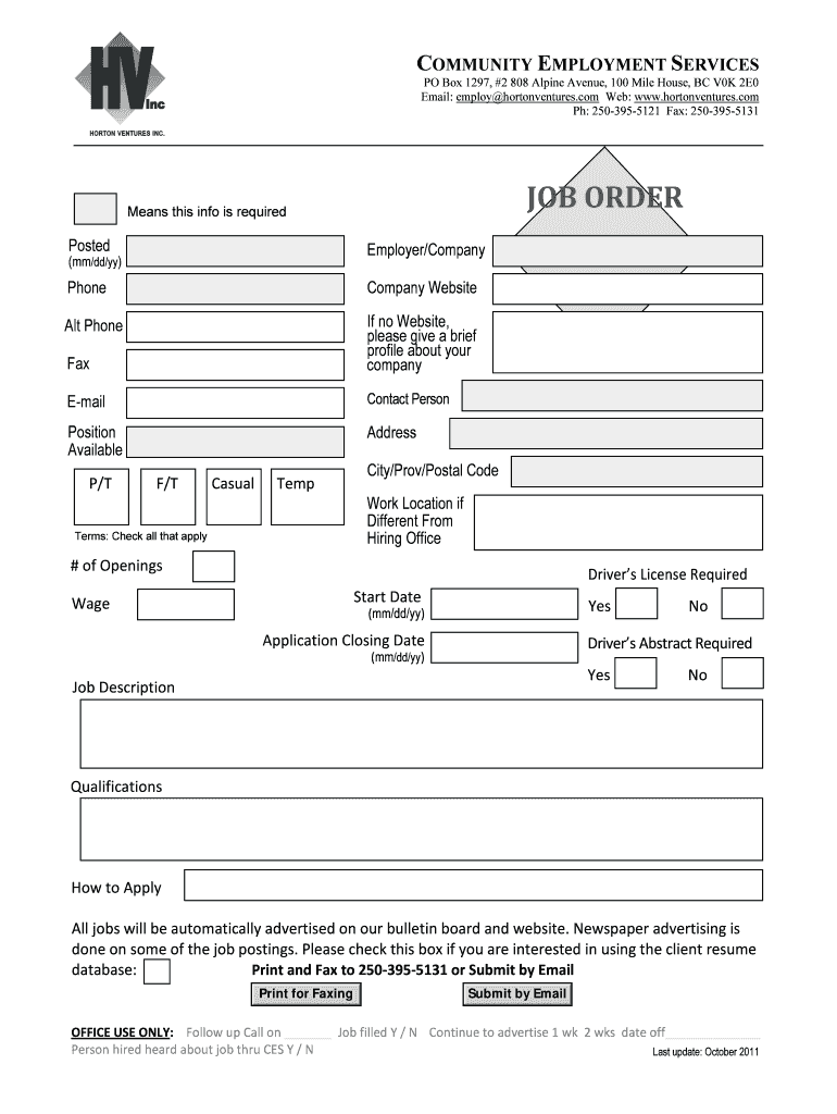 Fillable Online JOB ORDER - Horton Ventures Fax Email Print - pdfFiller