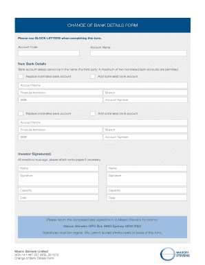 Fillable Online CHANGE OF BANK DETAILS FORM - Mason Stevens Fax Email ...