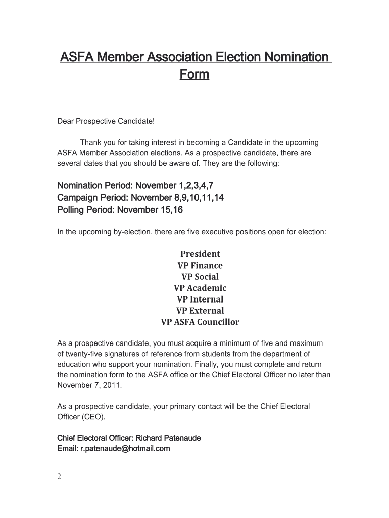 Fillable Online ASFA Member Association Election Nomination Form Fax ...