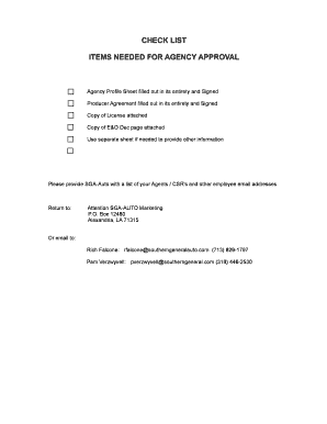 Fillable Online Check list items needed for agency approval - Southern ...