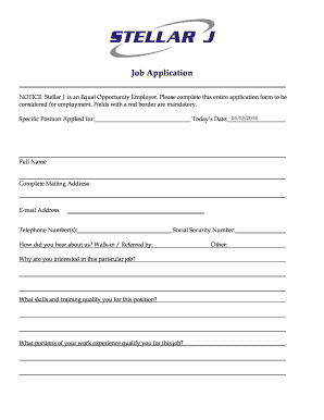 Fillable Online Job Application - Welcome to the Stellar J Fax Email ...