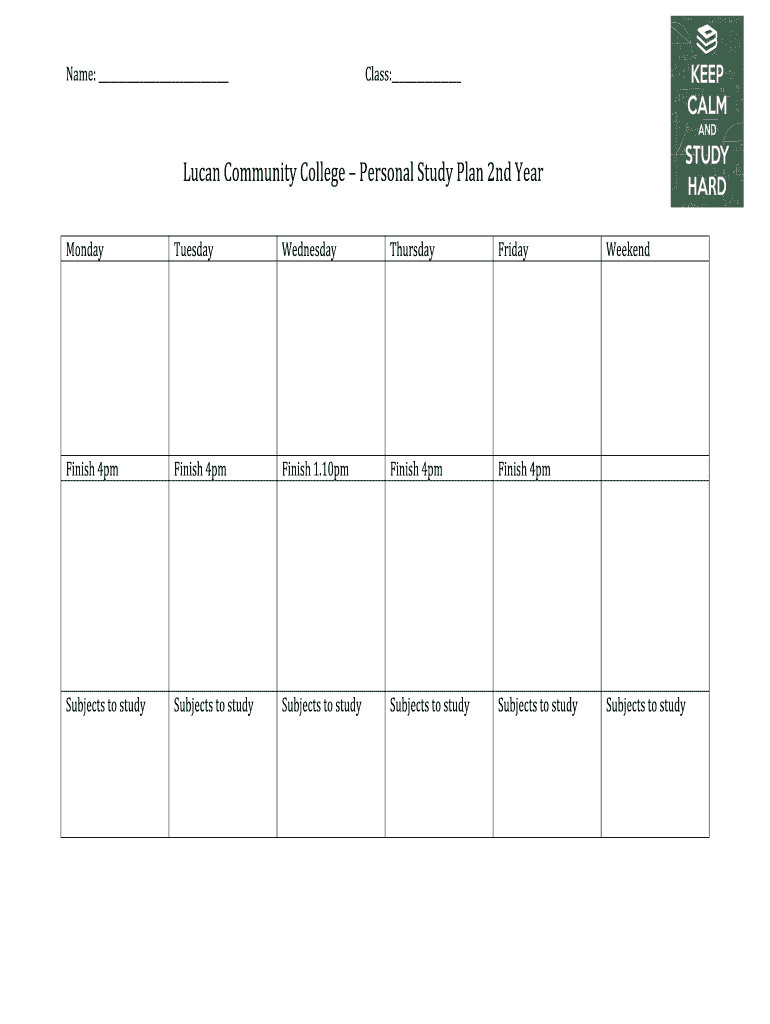 Fillable Online lucancc Lucan Community College Personal Study Plan 2nd Year Fax Email Print ...