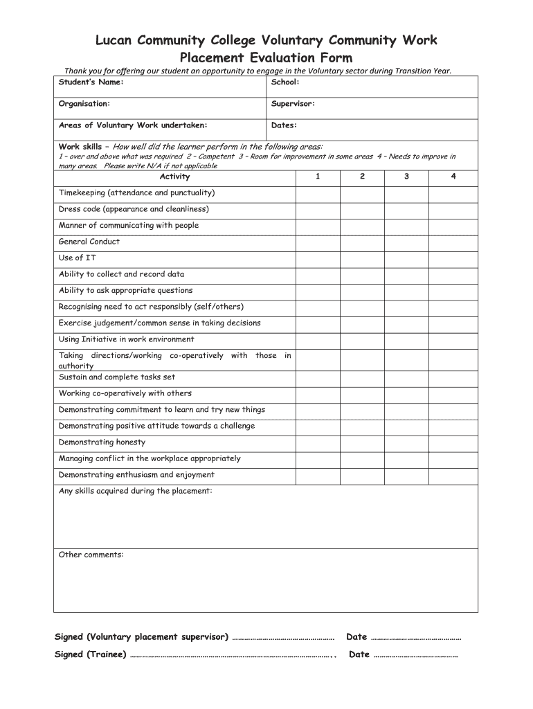 Work Experience Evaluation Form For Student Fill Out Sign Online 