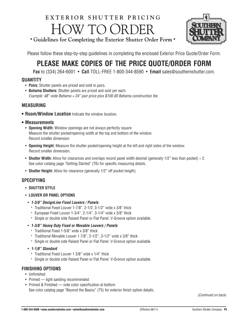 Fillable Online To download Exterior Order Form - Southern Shutter ...