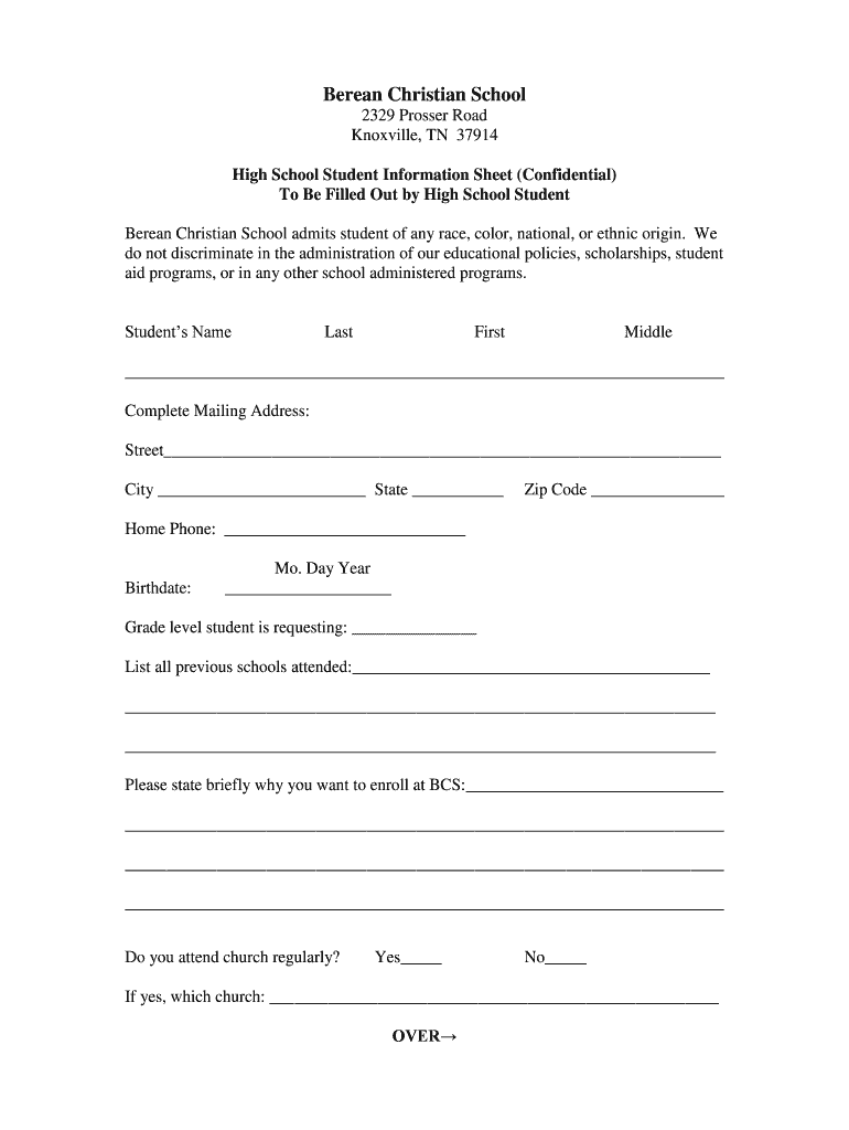 Fillable Online bereanchristian High School Student Information Form ...