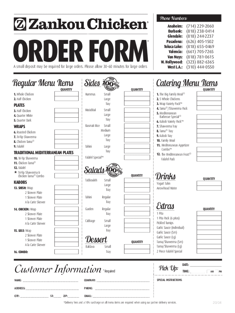 Fillable Online Zankou Chicken Order Form. Order Form Fax Email Print ...