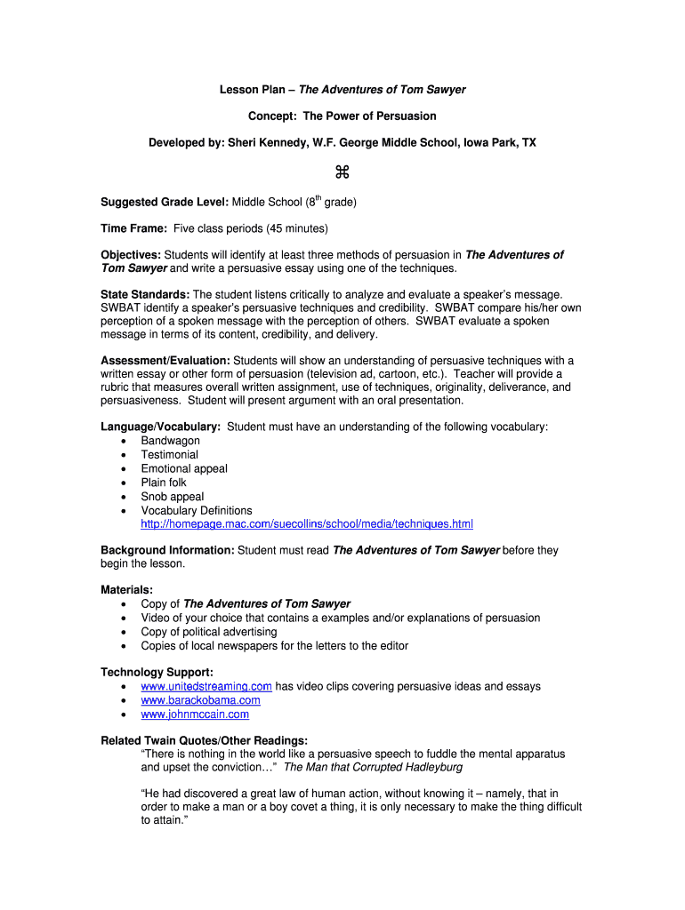 Fillable Online marktwainmuseum Lesson Plan The Adventures of Tom ...
