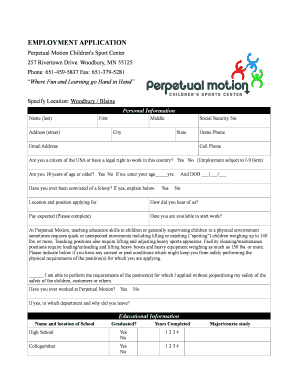 Fillable Online EMPLOYMENT APPLICATION - Perpetual Motion Gymnastics ...