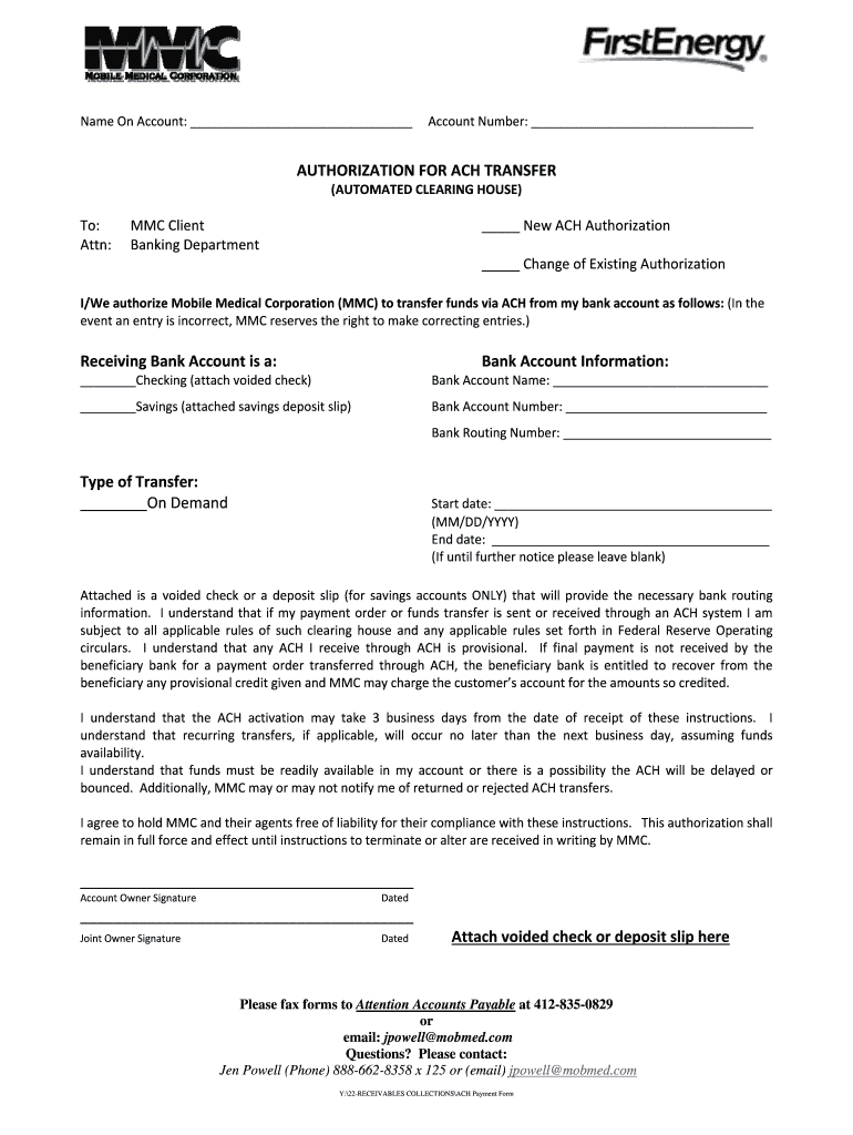 Fillable Online Authorization for ACH Transfer - Mobile Medical ...