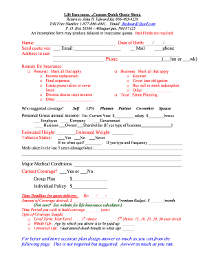 Fillable Online Life quick custom quote sheet - bedwardgroupbbnetb Fax ...