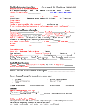 Fillable Online Disability Information Quote Sheet - Company Inc Fax Email Print - pdfFiller