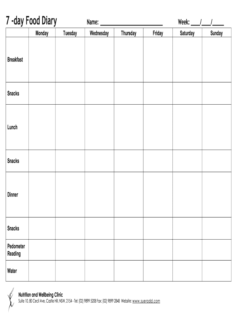 AU Nutrition And Wellbeing Clinic 7 day Food Diary Fill And Sign 