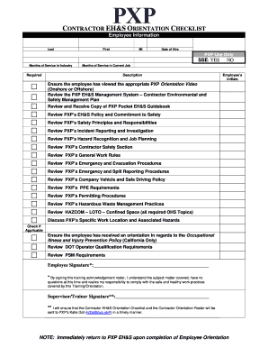Fillable Online CONTRACTOR EHampS ORIENTATION CHECKLIST Employee ...