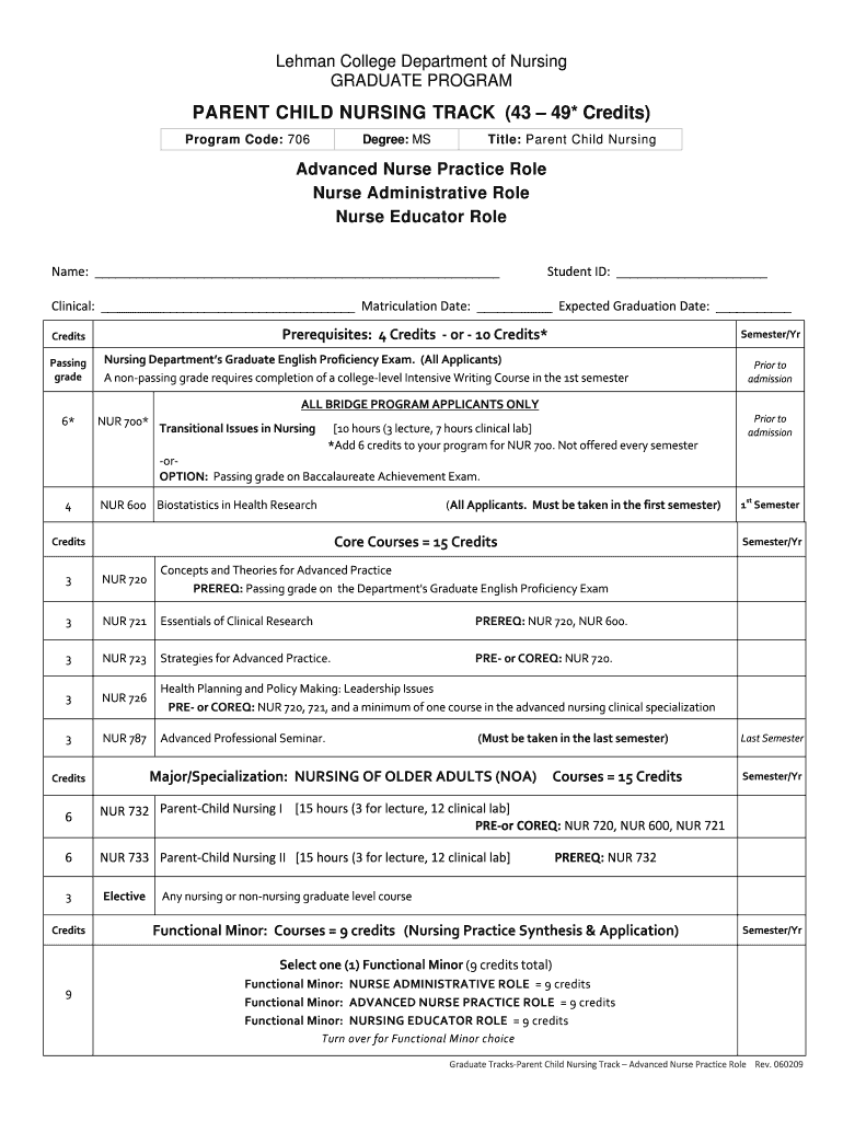 Fillable Online lcw lehman Draft-PARENT CHILD NURSING TRACK-All ...