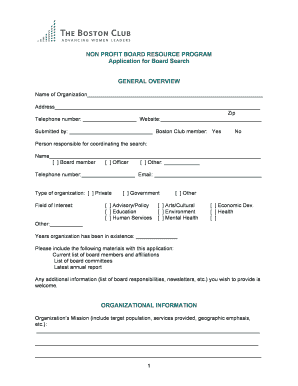 Fillable Online NON PROFIT BOARD RESOURCE PROGRAM Application for Board ...
