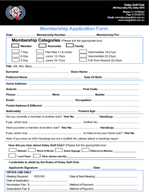 Fillable Online Membership Application Form - Oxley Golf Club Fax Email ...