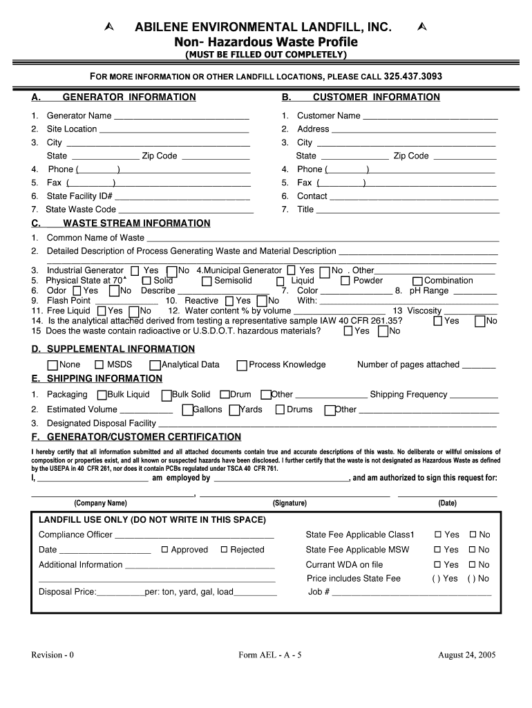Fillable Online Hazardous Waste Profile - Abilene Environmental ...