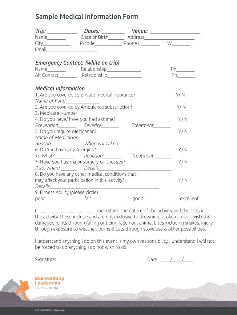 Fillable Online bushwalkingleadership org Sample Medical Information ...