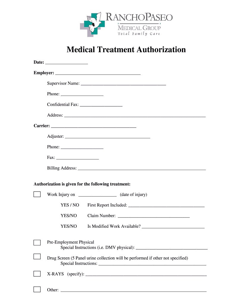 Fillable Online Medical Treatment Authorization - Rancho Paseo Medical ...