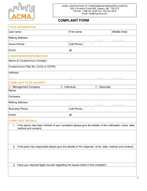 Fillable Online COMPLAINT FORM - ACMA Fax Email Print - pdfFiller