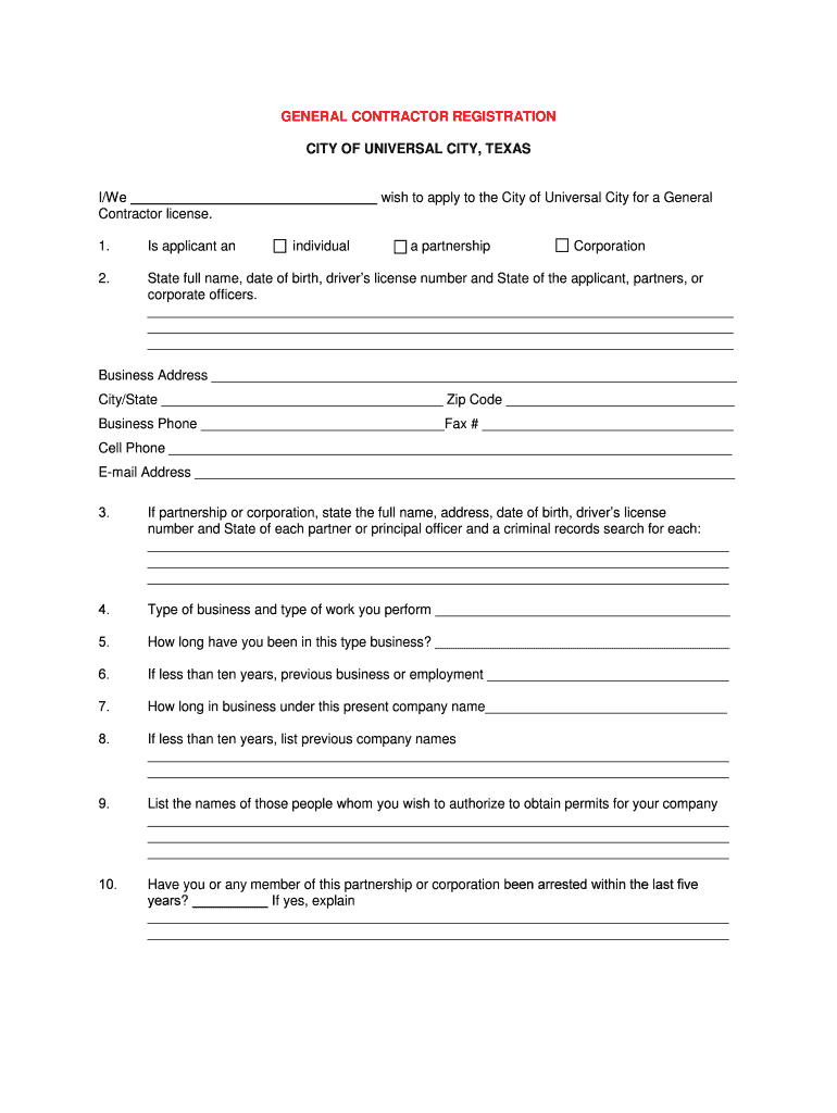 Fillable Online General Contractors Registration - Universal City Fax ...