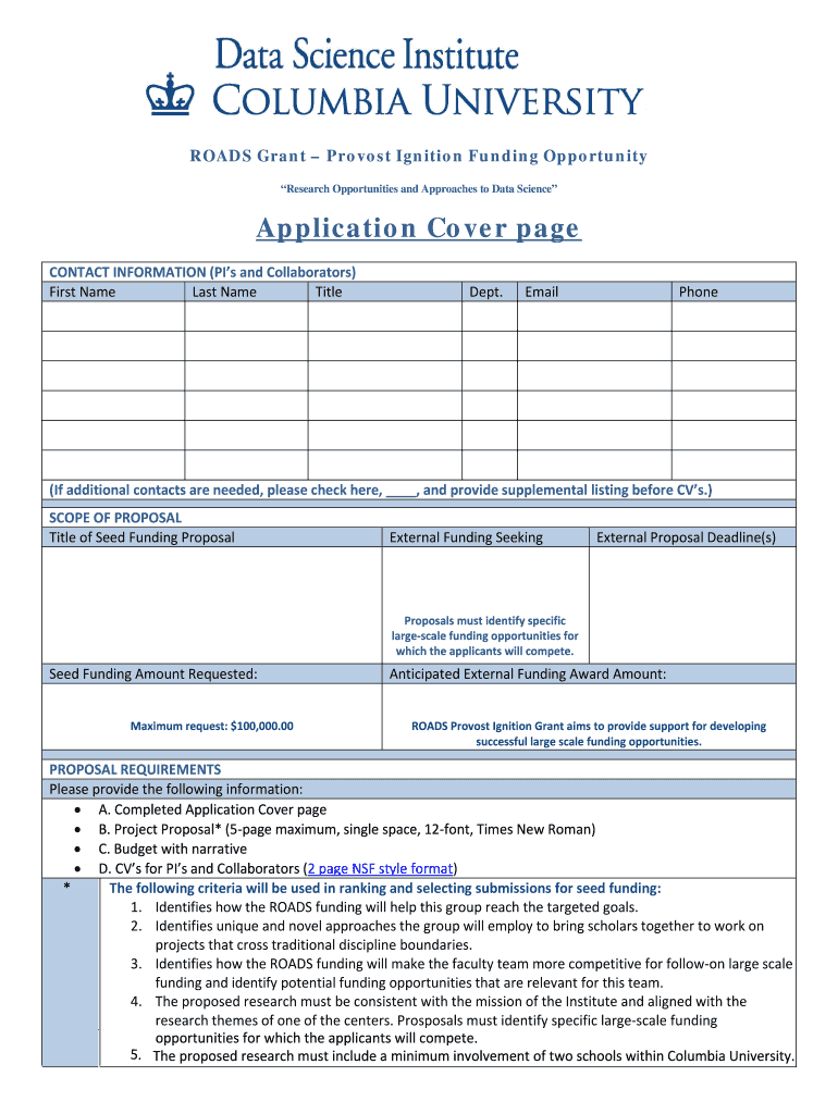 Fillable Online datascience columbia Application Cover Page, Project ...
