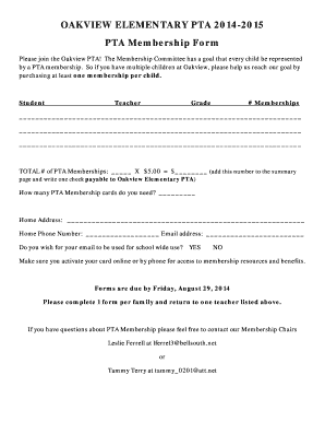 Fillable Online 2014-2015 PTA Membership Form - Oakview PTA Fax Email ...