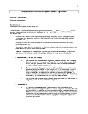 Fillable Online Independent Contractor Interpreter Referral Agreement ...