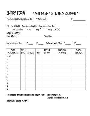 Fillable Online ENTRY FORM ROSE GARDEN CO-ED BEACH VOLLEYBALL Fax Email ...