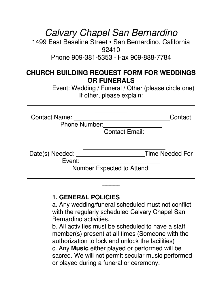 Fillable Online Church building request form for weddings or funerals ...