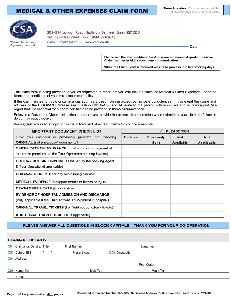 Fillable Online MEDICAL amp OTHER EXPENSES CLAIM FORM Claim Number A ...