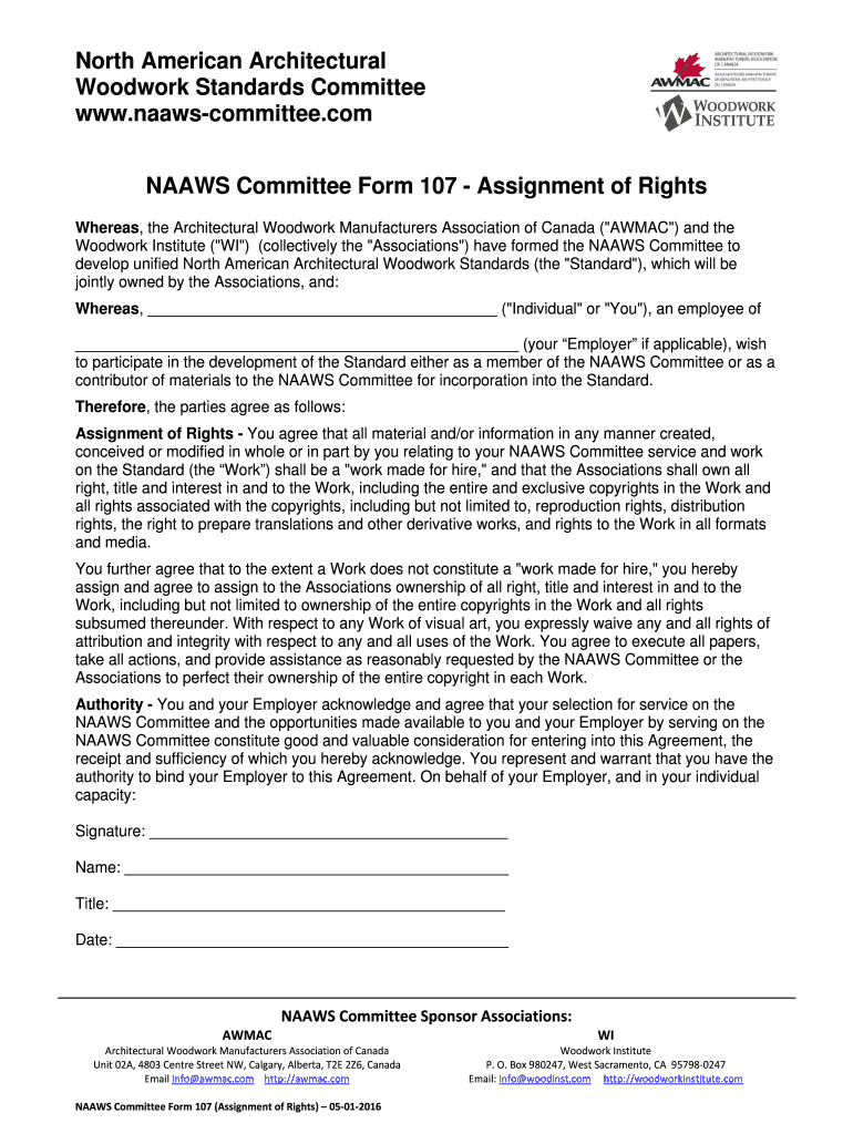 Fillable Online AWMAC-WI-NAAWS Form 107 - Assignment of Rights - 0-01 ...