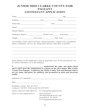 Fillable Online clarkecountyfair JUNIOR MISS CLARKE COUNTY FAIR PAGEANT ...