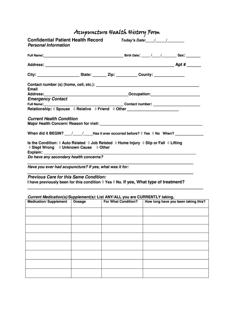 Fillable Online Acupuncture Health History Form - Chiropractor Fax ...