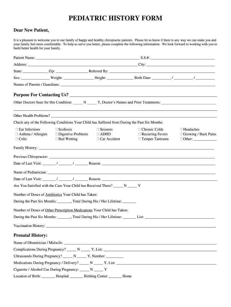 Fillable Online PEDIATRIC HISTORY FORM - Chiropractor Sewell Fax Email ...