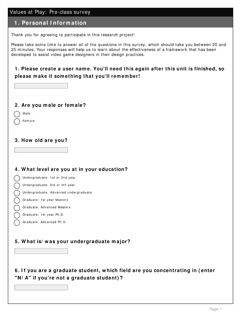 Fillable Online valuesatplay 1. Personal Information - Values At Play ...