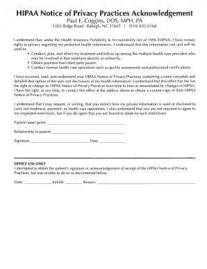Fillable Online HIPAA Acknowledgement Form - Paul E. Coggins, DDS, MPH ...