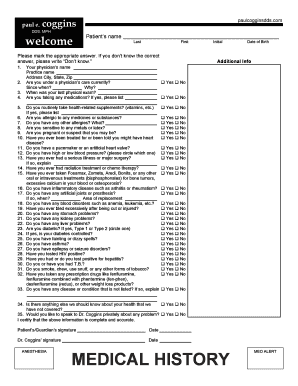 Fillable Online Medical History Form - Paul E. Coggins, DDS, MPH Fax ...