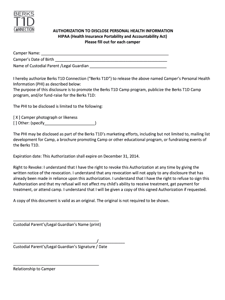 Fillable Online berkst1dconnection 2014 Dear T1D Families: Welcome to ...