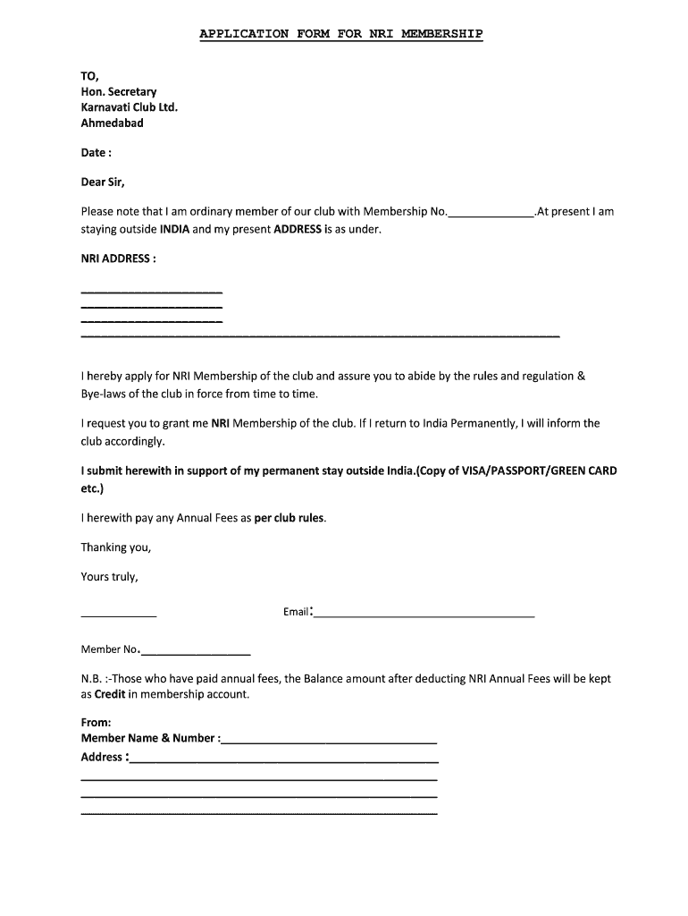 Fillable Online APPLICATION FORM FOR NRI MEMBERSHIP - KARNAVATI CLUB LIMITED Fax Email Print ...