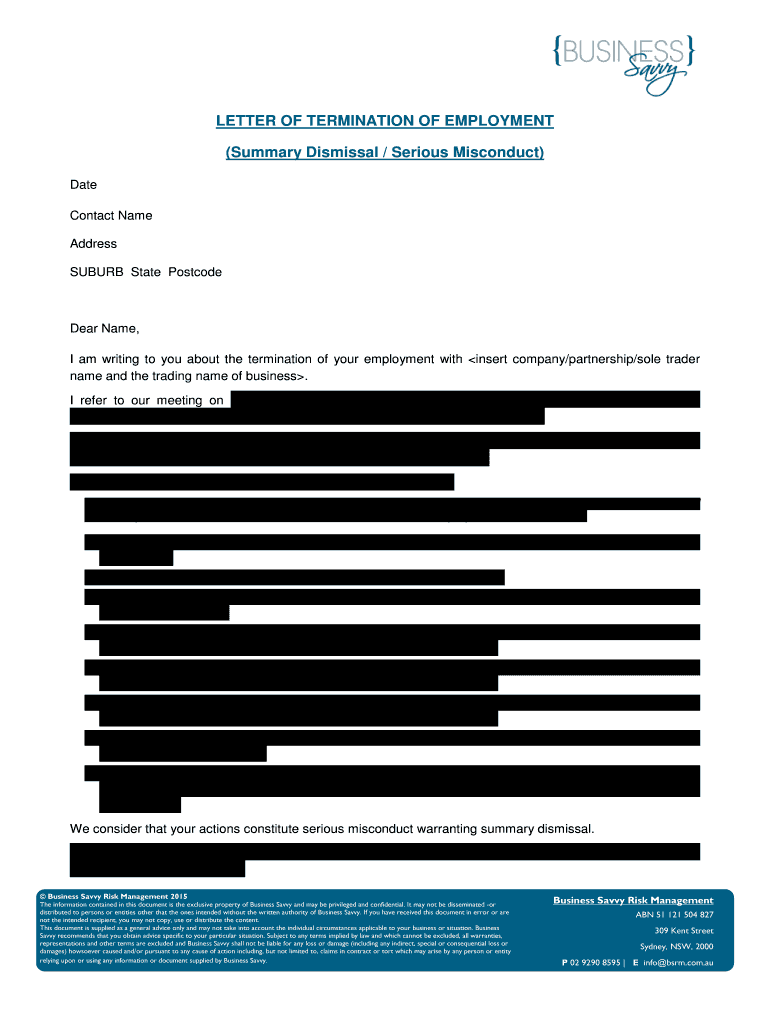 Fillable Online LETTER OF TERMINATION OF EMPLOYMENT Summary Dismissal ...