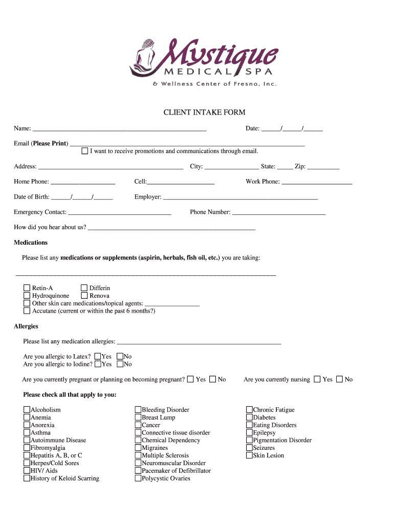 Fillable Online SKIN CARE CLIENT INTAKE FORM Fax Email Print - pdfFiller