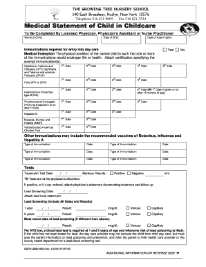 Fillable Online Medical Statement of Child in Childcare - Growing Tree ...