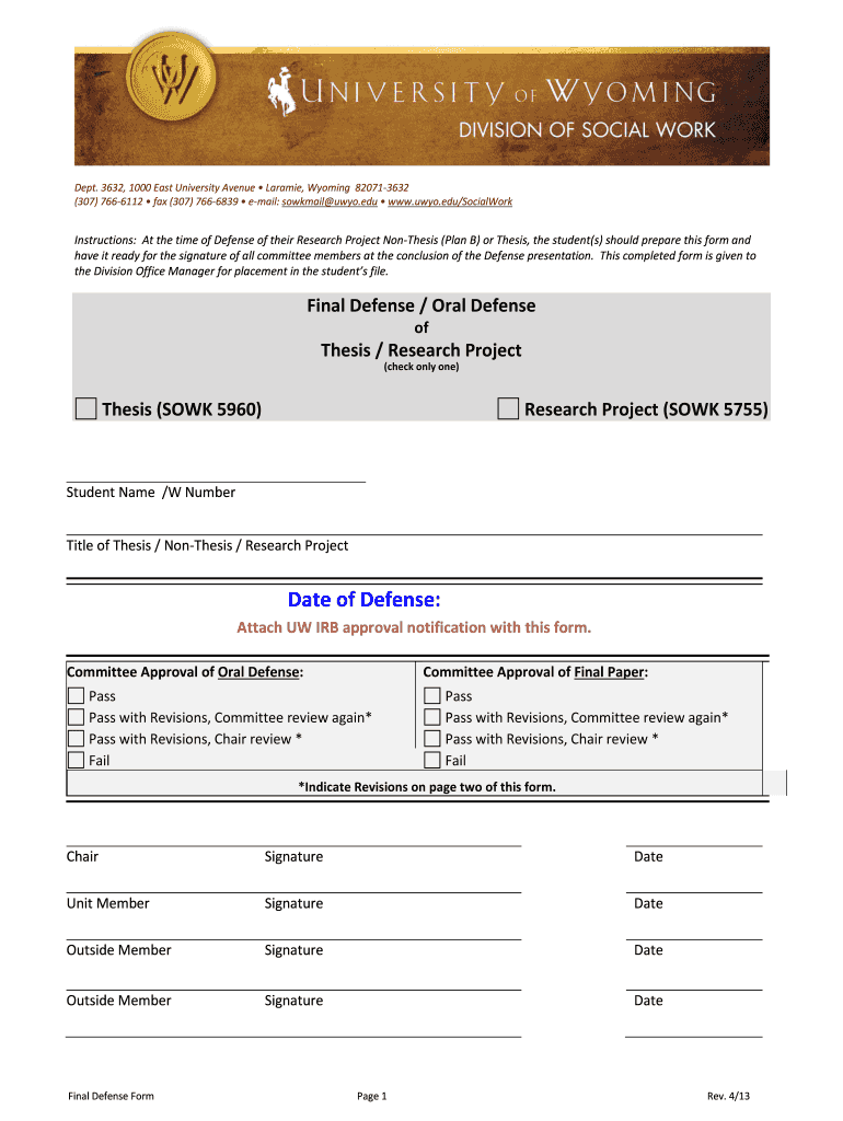 Fillable Online uwyo Final bDefense formb - University of Wyoming Fax Email Print - pdfFiller
