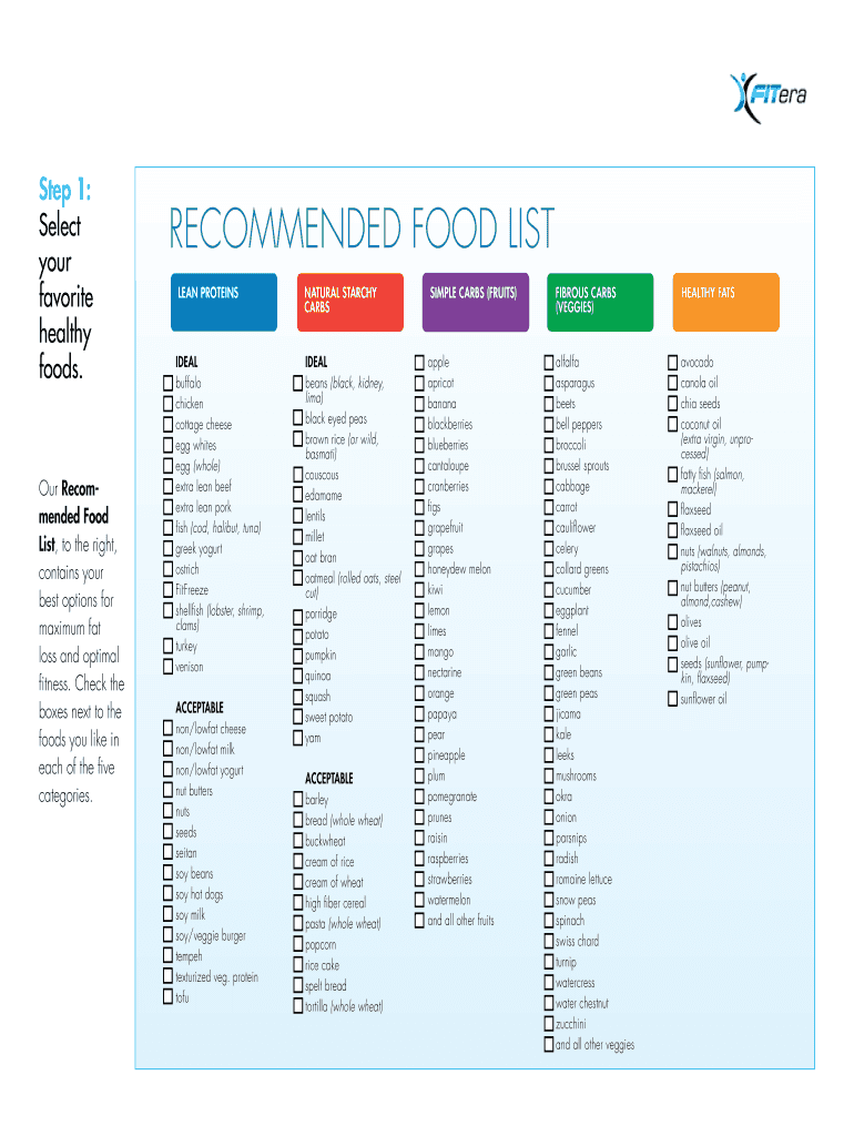 Fillable Online Step 1 RECOMMENDED FOOD LIST - FITera Fax Email Print ...