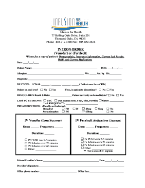 Fillable Online IV IRON ORDER or - binfusionforhealthbbcomb Fax Email ...